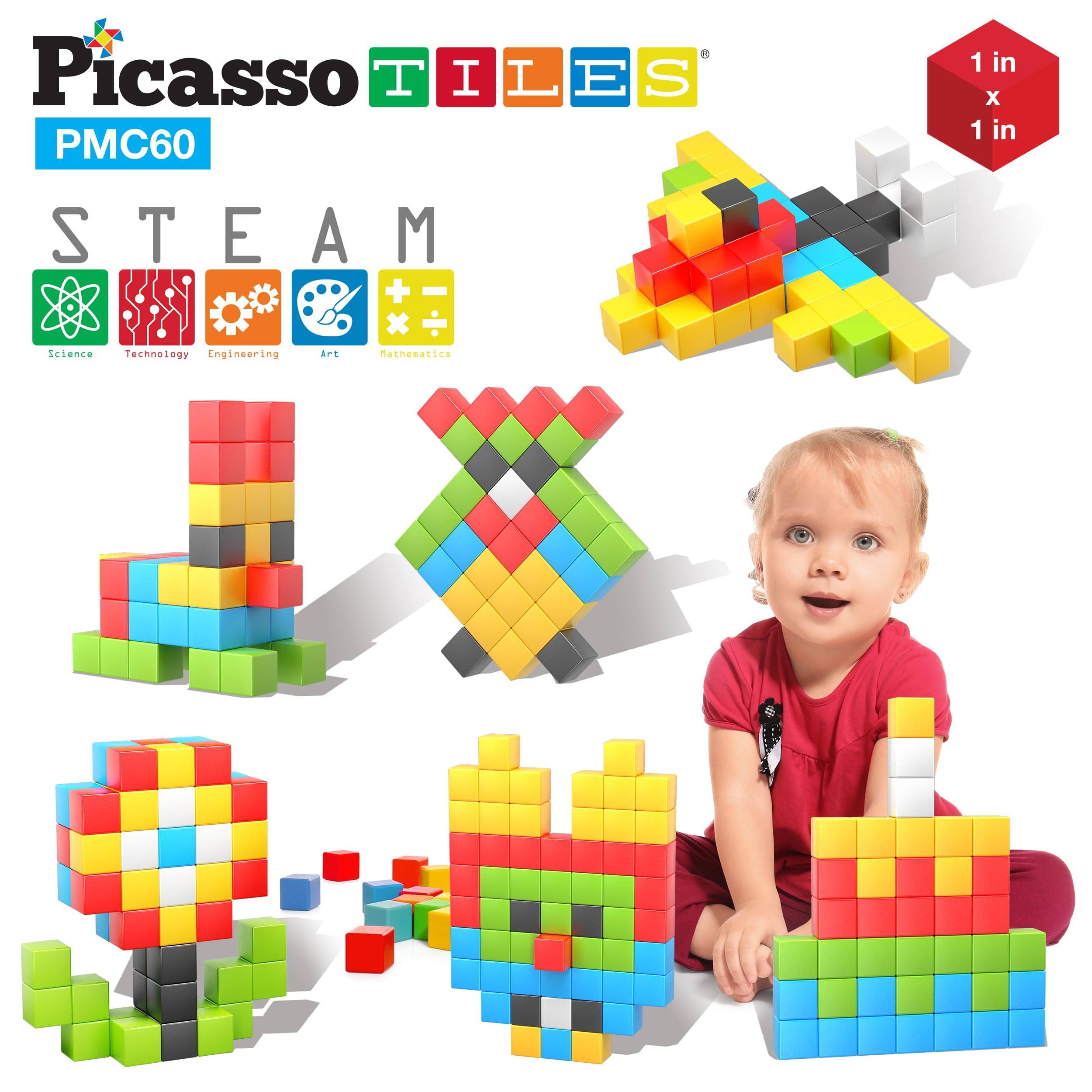 PicassoTiles 60 Pieces 1" Magnetic Building Blocks, 3D Construction Cubes Magnet Sensory Toys Gifts with Free Idea Book for Kids, Toddlers & Babies - PMC60