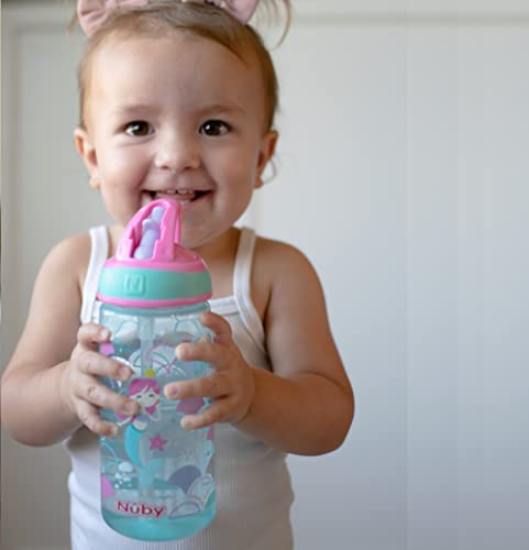 Nuby 2 Pack Iridescent Flip-it Kids On-The-Go Printed Water Bottle with Bite Proof Hard Straw - 18oz / 540 ml, 18+ Months, 2 pk Prints May Vary