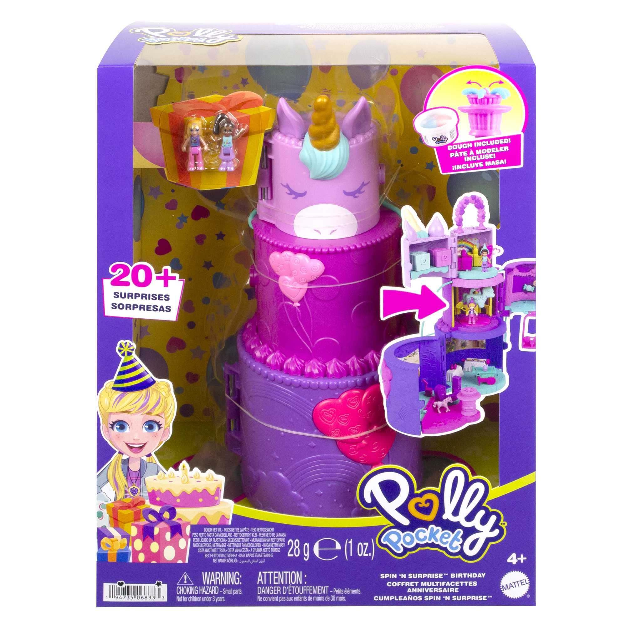 Polly Pocket 2-in-1 Unicorn Toy Playset, Spin 'N Surprise Birthday with Micro Polly & Lila Dolls, Plus 25 Accessories