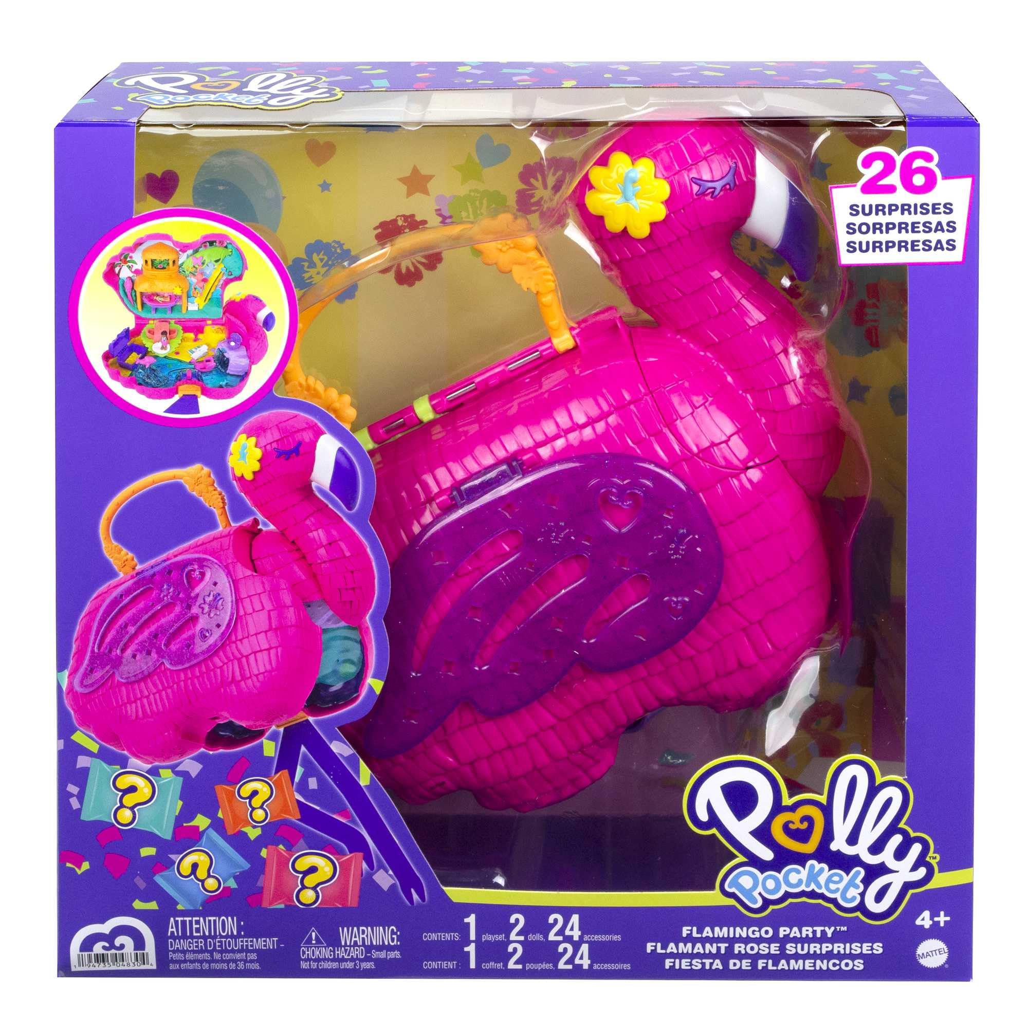 Polly Pocket Flamingo Party Large Compact Playset with 26 Surprises (Including Micro Margo & Friend Dolls), Pop & Swap Feature, Tropical Party Play Areas: Palm Tree Slide & Swing; Banquet; Water Area