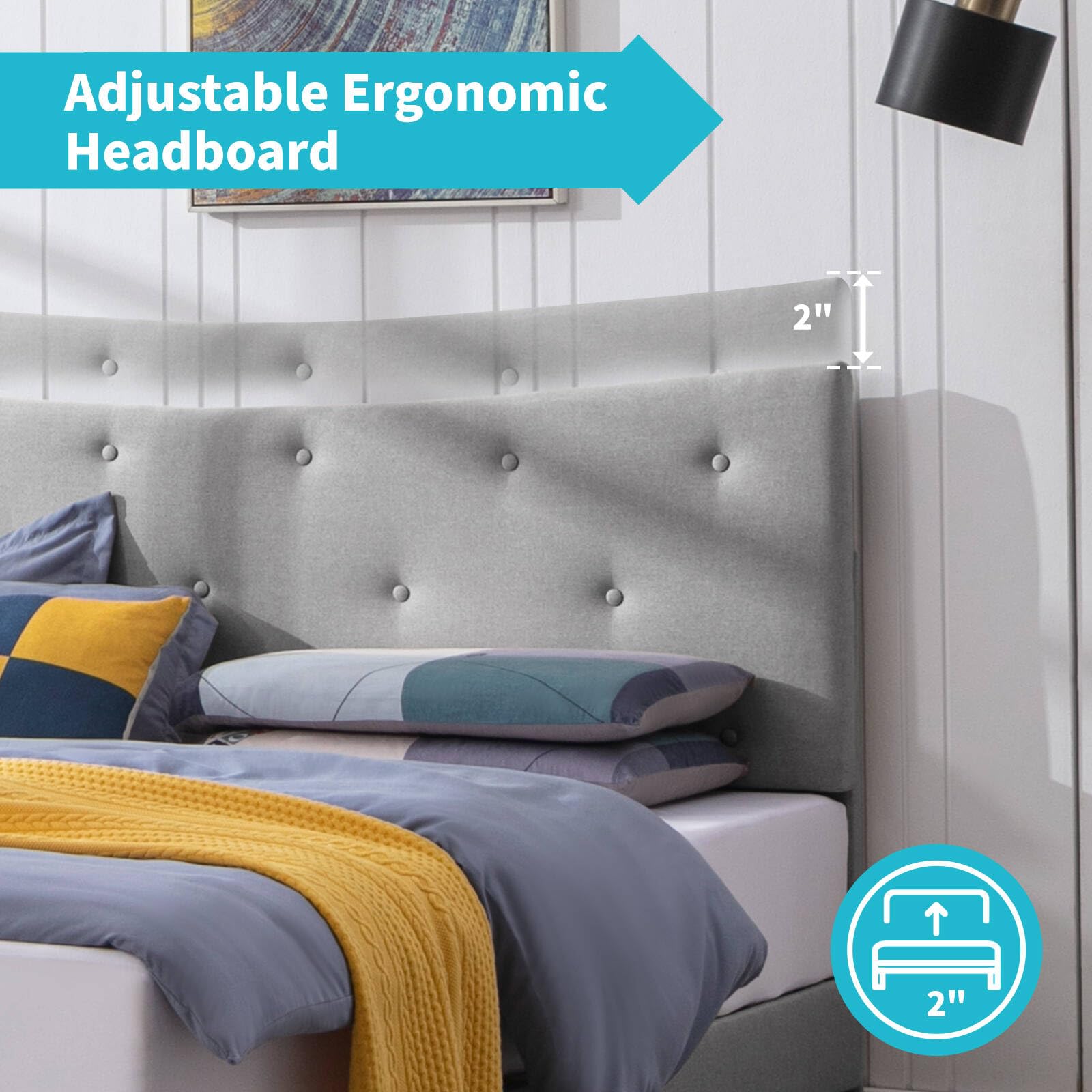 CECER King Size Bed Frame with Adjustable Headboard | Linen Upholstered Bed Frame with Wood Slats for Bedroom | Easy Assembly | No Box Spring Needed-Light Grey