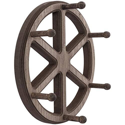 MyGift Wall Mounted Coffee Mug Holder Rack with Helm Shaped Design, Brown Solid Wood Hanging Cup Storage Rack with 6 Hooks
