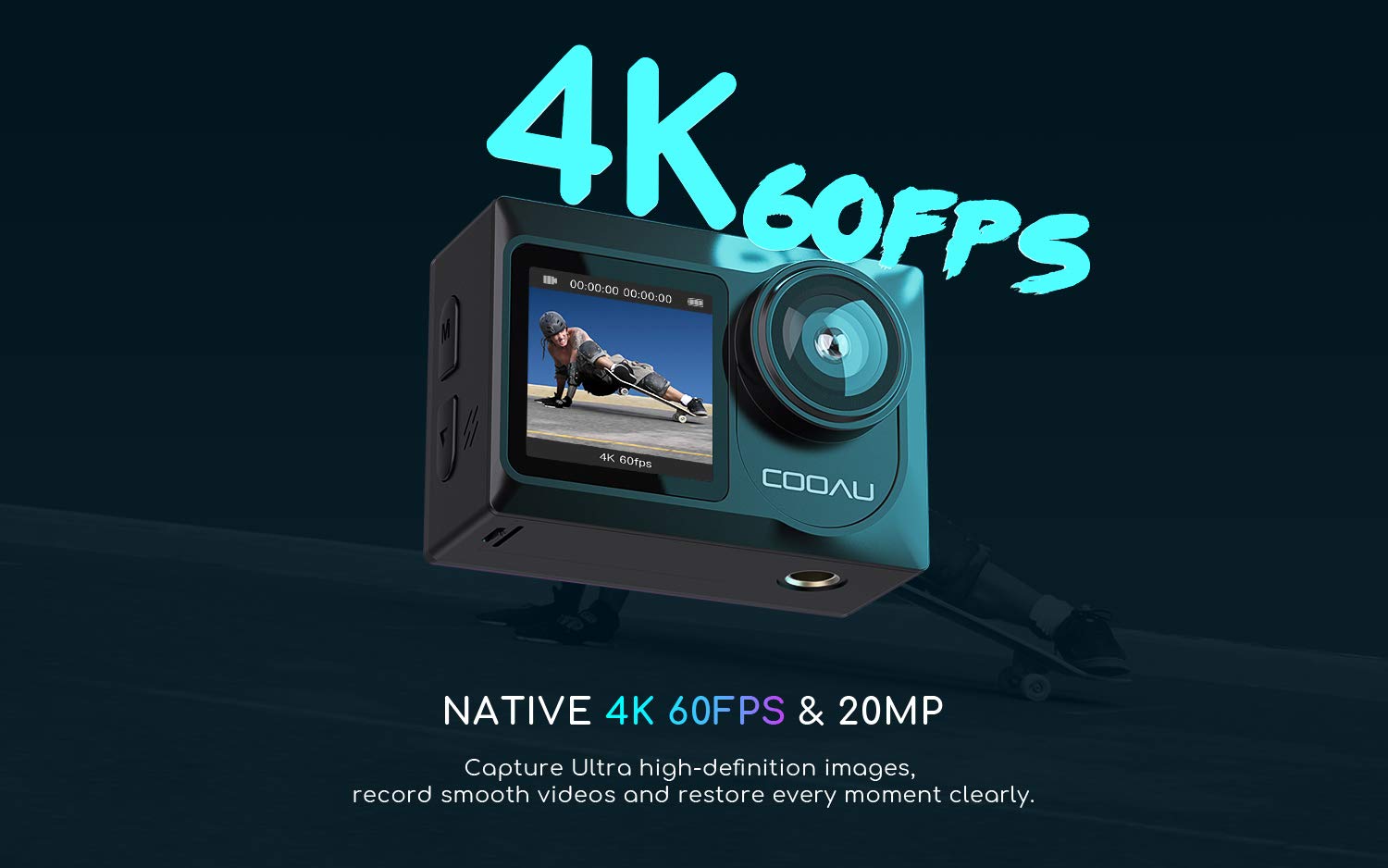 COOAU Sports Action Camera Dual Screen Ultra HD 4K 60FPS 20MP WiFi EIS Touchscreen External Microphone Remote Control Underwater 131 Feet Waterproof Helmet Vlogging Camera with 2x1350mAh Batteries.
