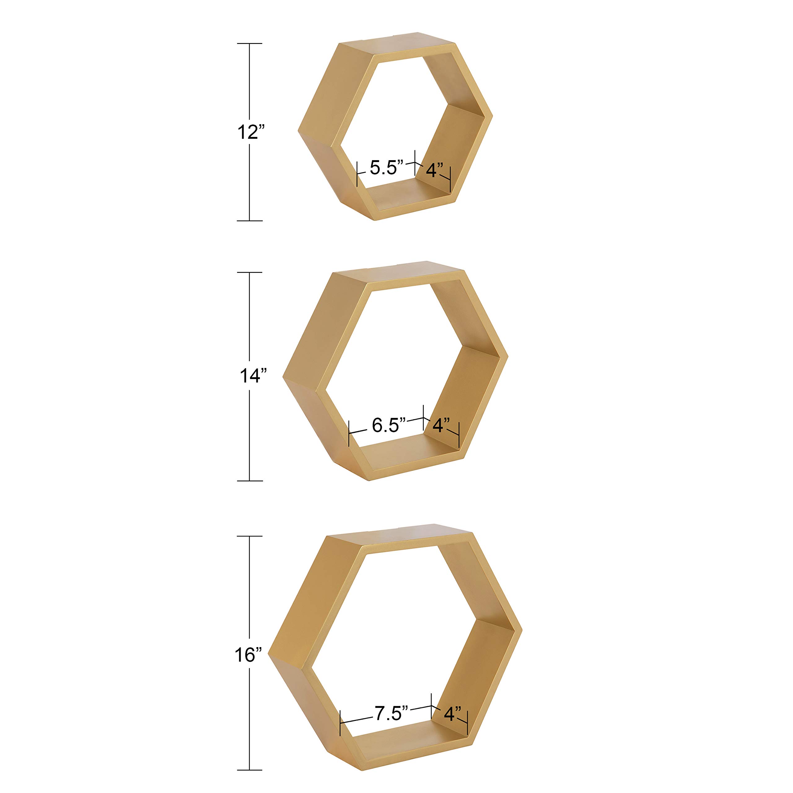 Kate and Laurel Putnam Hexagon Shelf, Set of 3, Gold, Dynamic Geometric Wall Decor and Storage