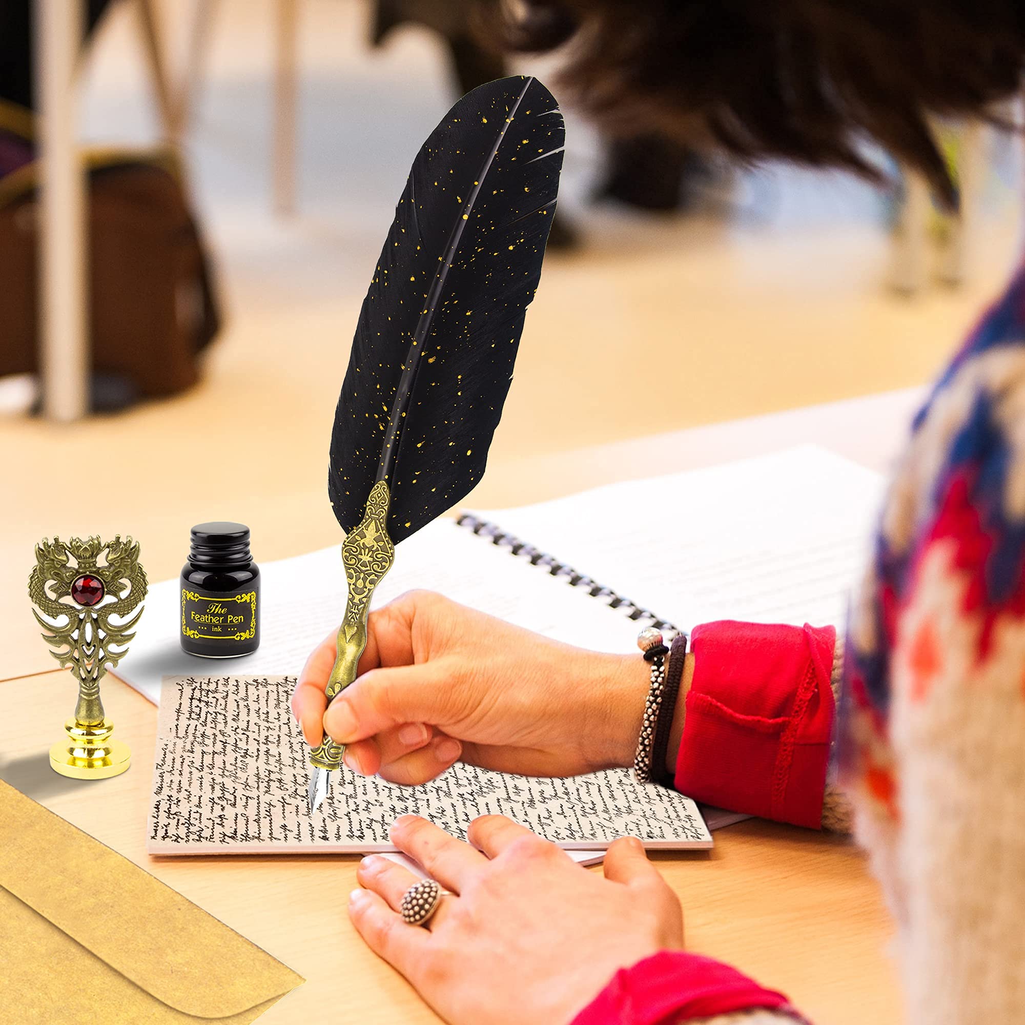 Calligraphy Pen Set, Feather Pen, Calligraphy Pen Set, Quill And Ink Set, Calligraphy Set For Beginners, Feather Pen And Ink Set, Quill Pen And Ink Set, Wax Stamp Set With Golden Black Feather Pen