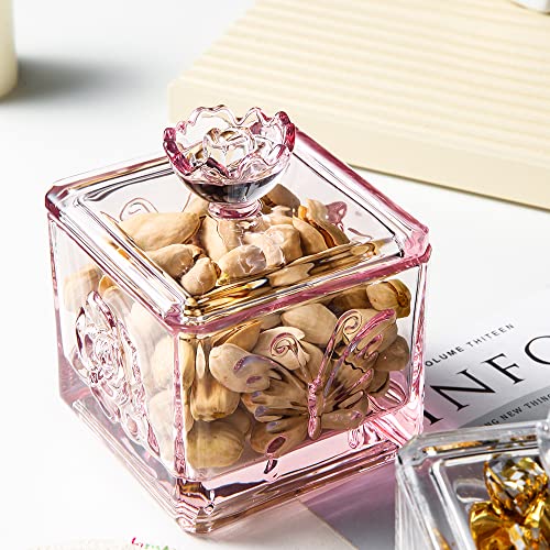 Gaolinci Roses & Butterflies Embossed Glass Candy Jar, Stained Glass Food Jar with Lid