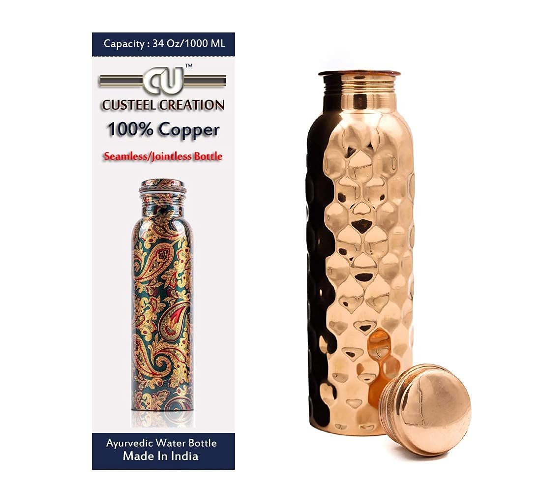 Custeel Creation Pure Copper 1L Water Bottle - (99.74%) Jointless Seamless Copper Flask (Diamond Finish)