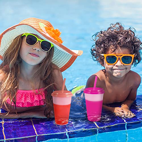 Patinao Color Changing Cups Tumblers with Lids & Straws for Kids - 7 Reusable Plastic Bulk Tumblers 12oz Cold Cup Tumbler Set for Kids