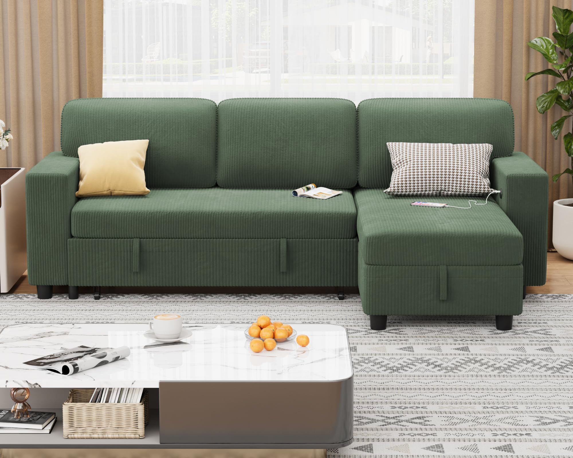 Flamaker 80" Sleeper Sofa, Sofa Bed with Built-in Large Storage and 2 Bookshelves, Convertible Sectional Sofa Couch, Pull Out Couch with USB, Modern Couches for Living Room (Corduroy, Green)