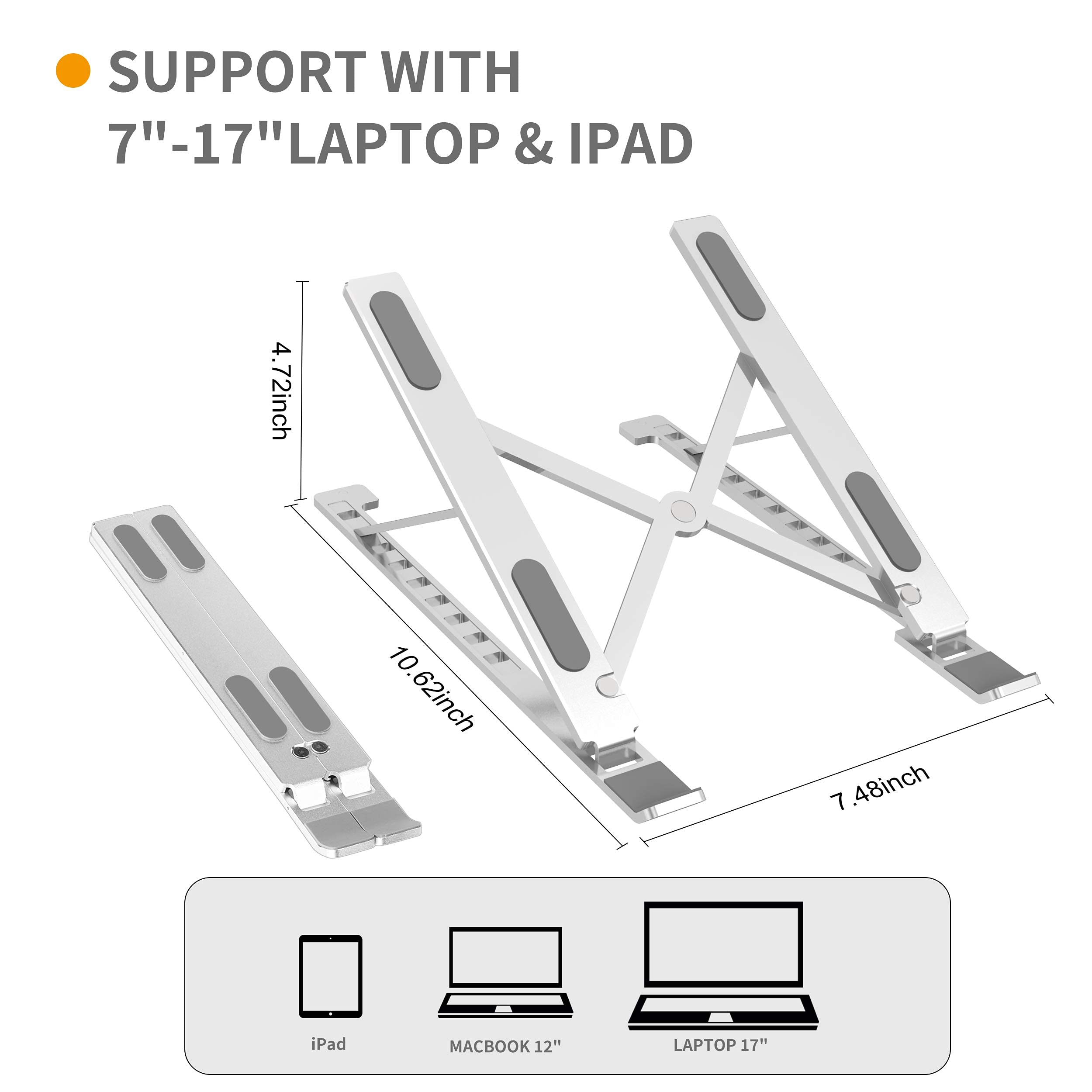BY4U Laptop Stand for Desk, Portable Laptop Stand Adjustable Height, Foldable Laptop Holder, Non-Slip Aluminum MacBook Computer Stand 9 Angles Anti-Slip Laptop Riser Compatible with 7-17 inch Laptops