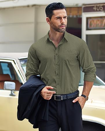 COOFANDY Men's Business Dress Shirt Long Sleeve Regular Fit Shirt Casual Polka Dot Printed Button Down Shirts Army Green
