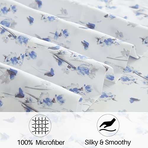 ILVOE Queen Size Bed Sheets, 4 Piece Floral Pattern Sheets, 16" Deep Pocket Sheets, Soft Luxury Cooling Sheets, Easy Care-Queen, Blue Flower