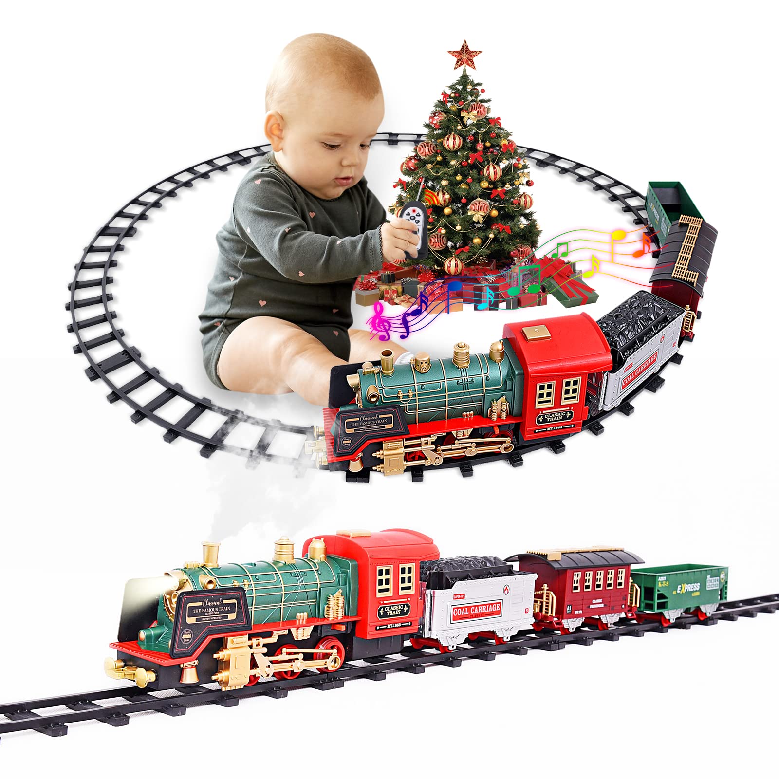 Train Set - Trains USB Charging Battery and Remote Control - 2022 Christmas Train Toys - Steam Locomotive Engine, Cargo Car and Train Tracks - Train Toy for 3 4 5 6 + years old Kids