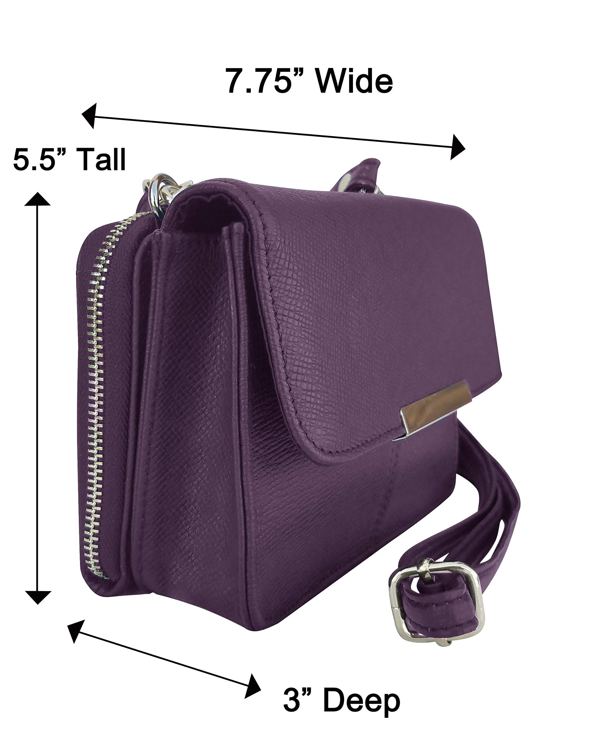 Roma Leathers Mini Leather Cross Body Purse - Premium Purple Embossed Cowhide Leather - Backside Detachable Wallet - Adjustable and Removable Shoulder Strap - Designed in USA