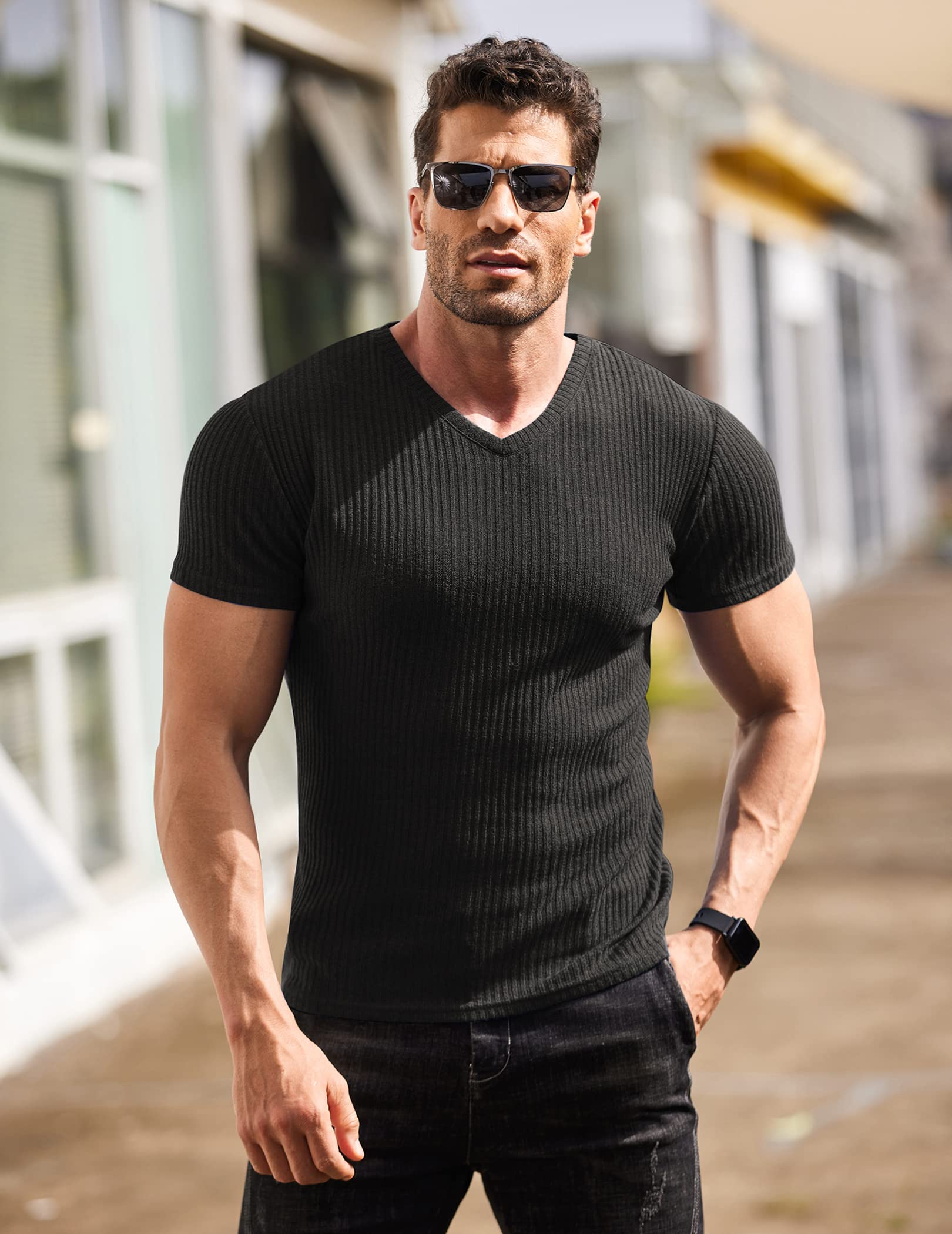 COOFANDY Men's Muscle T Shirts Stretch Short Sleeve V Neck Bodybuilding Workout Tee Shirts