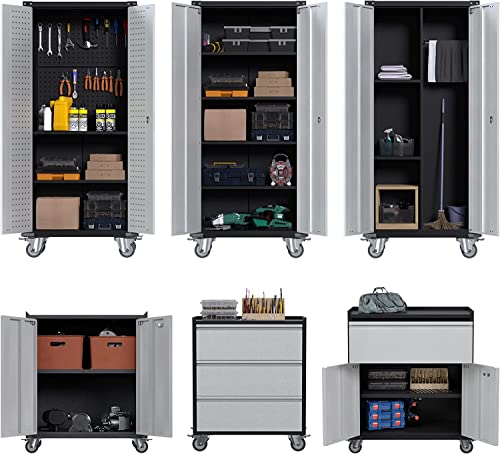 Garage Metal Storage Cabinet with Wheel for Home Garage/Adjustable Shelves, Lockable, Stiffener and Bumpers Design, Six Cabinetsā¦