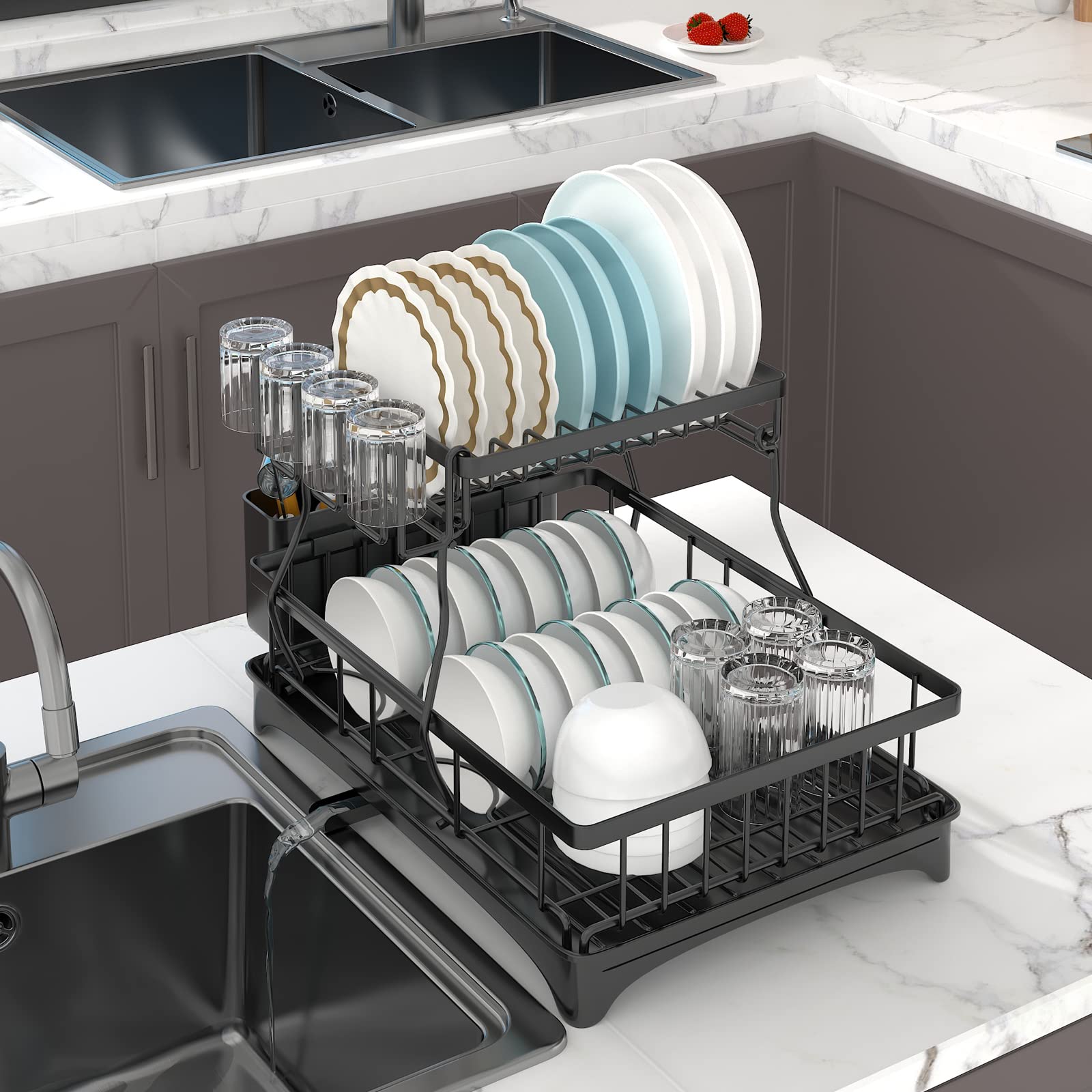 CLOMOOXI Dish Drying Rack, 2-Tier Detachable Dish Racks for Kitchen Counter, Stainless Steel Kitchen Drying Rack with a Cutlery Holder and Cup Holder, Drying Rack for Dishes, Knives, Spoons, Forks