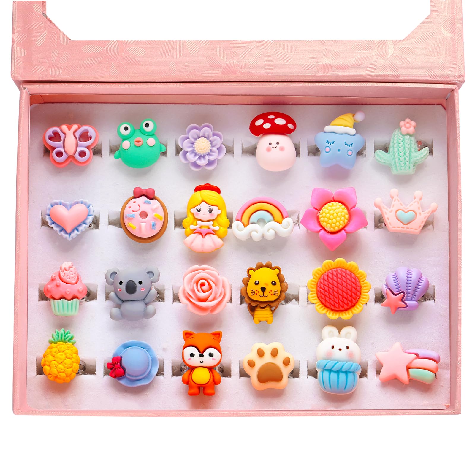 PinkSheep Little Girl Jewel Rings in Box, Adjustable, No Duplication, Girl Pretend Play and Dress Up Rings (24 Surface Ring)