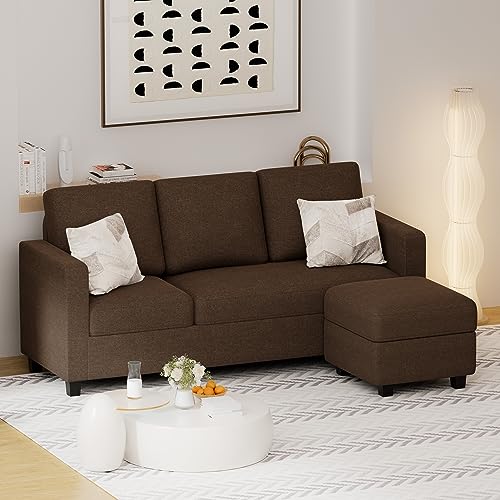 Flamaker Sectional Couch, Sofa Couch for Living Room, L-Shaped Couch with Reversible Chaise, Fabric Small Couches for Apartment, Small Spaces (Brown)