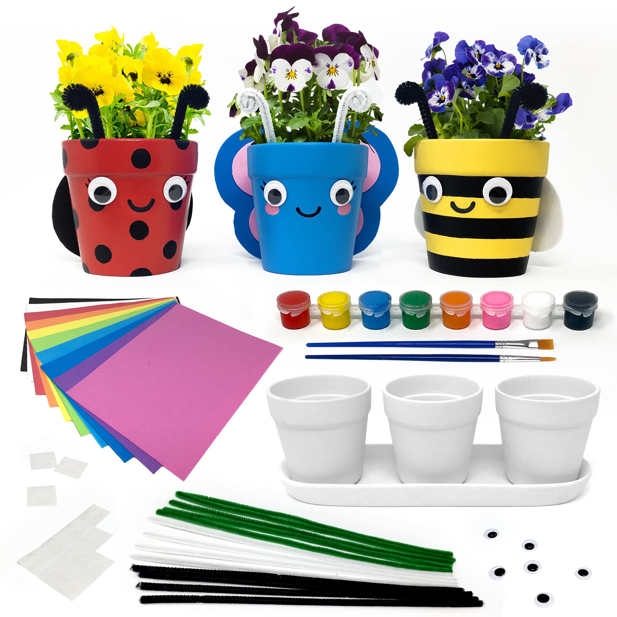 Pinwheel Crafts Flower Pot Kit - Set Comes with 3 Planters, 8 Paints, 2 Brushes & Much More - Paint Your Own Pot Set Garden Kit for Kids - Arts and Crafts for Kids Ages 4-8 (Original)