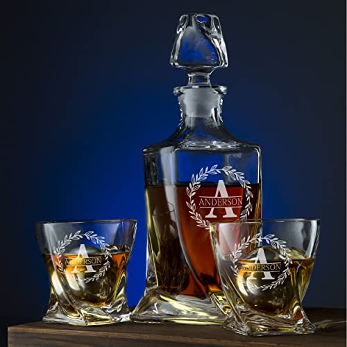 Personalized Whiskey Decanter and Stones Set - Customized Gift for Him - Men, Dad, Father - Engraved Twisted Whiskey Decanter, 2 XL Glasses, 2 XL Balls, 2 Coasters, Tongs, Pouch in Wooden Gift Box