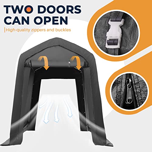 PEAKTOP OUTDOOR 6X8ft Heavy Duty Storage Shelter with 2 Roll-Up Side Windows,Waterproof and UV Resistant Outdoor Tent Tarp Sheds for Bike, Motorcycle, Garden Tools,Gray