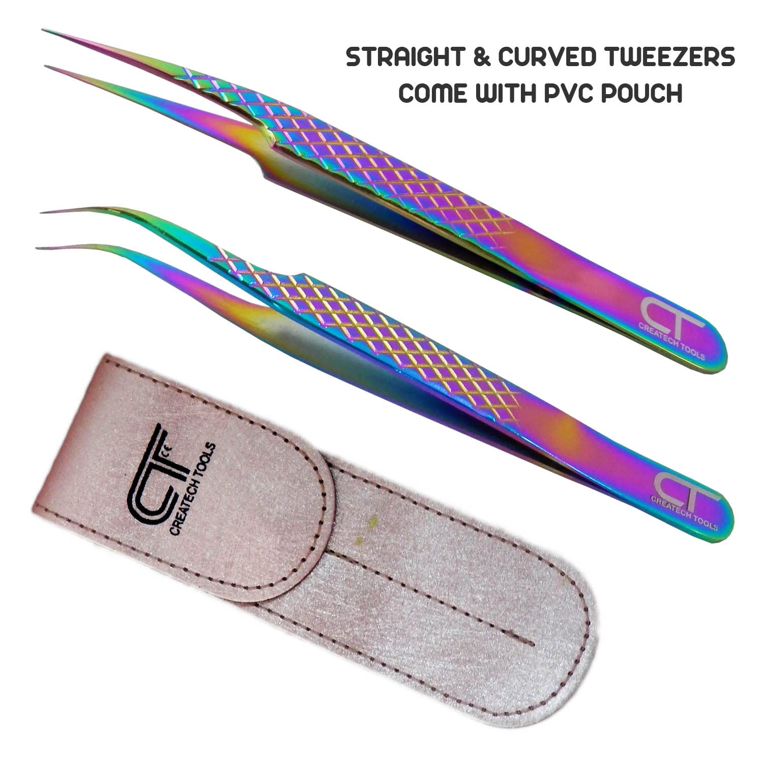 Createch Tools CT Eyelash Tweezers β Lash Tweezers for Extensions, Straight, Curved, Individual, Russian Volume, Isolation β Stainless Steel Rainbow Set (2-PCs Rainbow Set) (ELT)