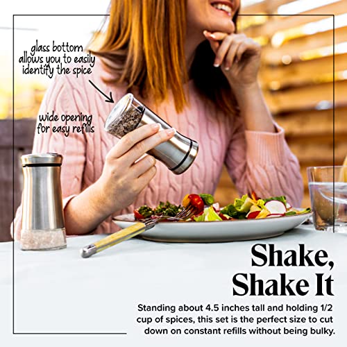 Premium Salt and Pepper Shakers with Adjustable Pour Holes - Elegant Stainless Steel Salt and Pepper Dispenser - Perfect for Himalayan, Kosher and Sea Salts - Spices