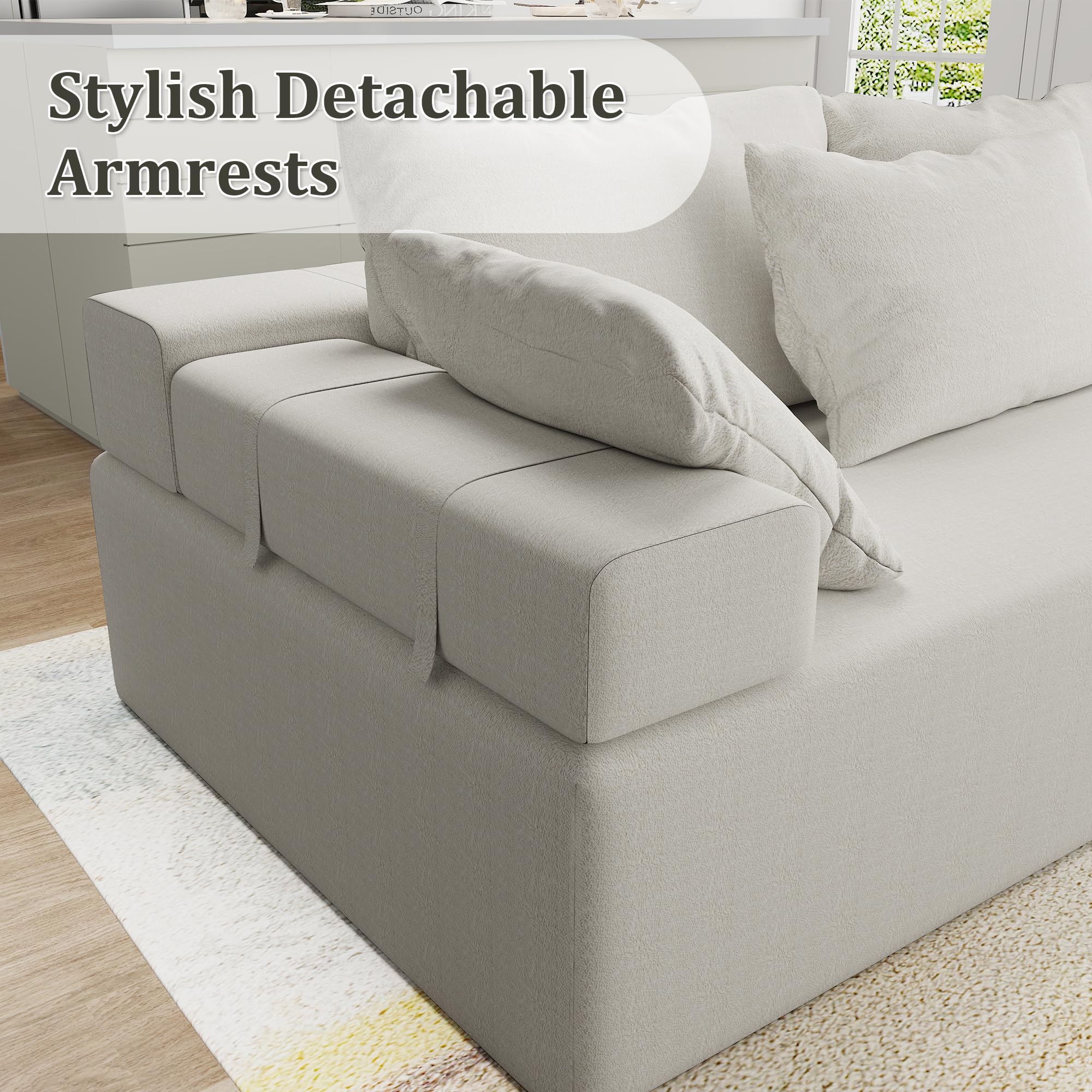 DEINPPA Modular Cloud Sofa Couch, Minimalist Style Living Room Furniture Set, Chenille Fabric Sectional with Pillows and Removable Armrest, No Tools Required for Assembly-Ivory(Right Facing Chase)