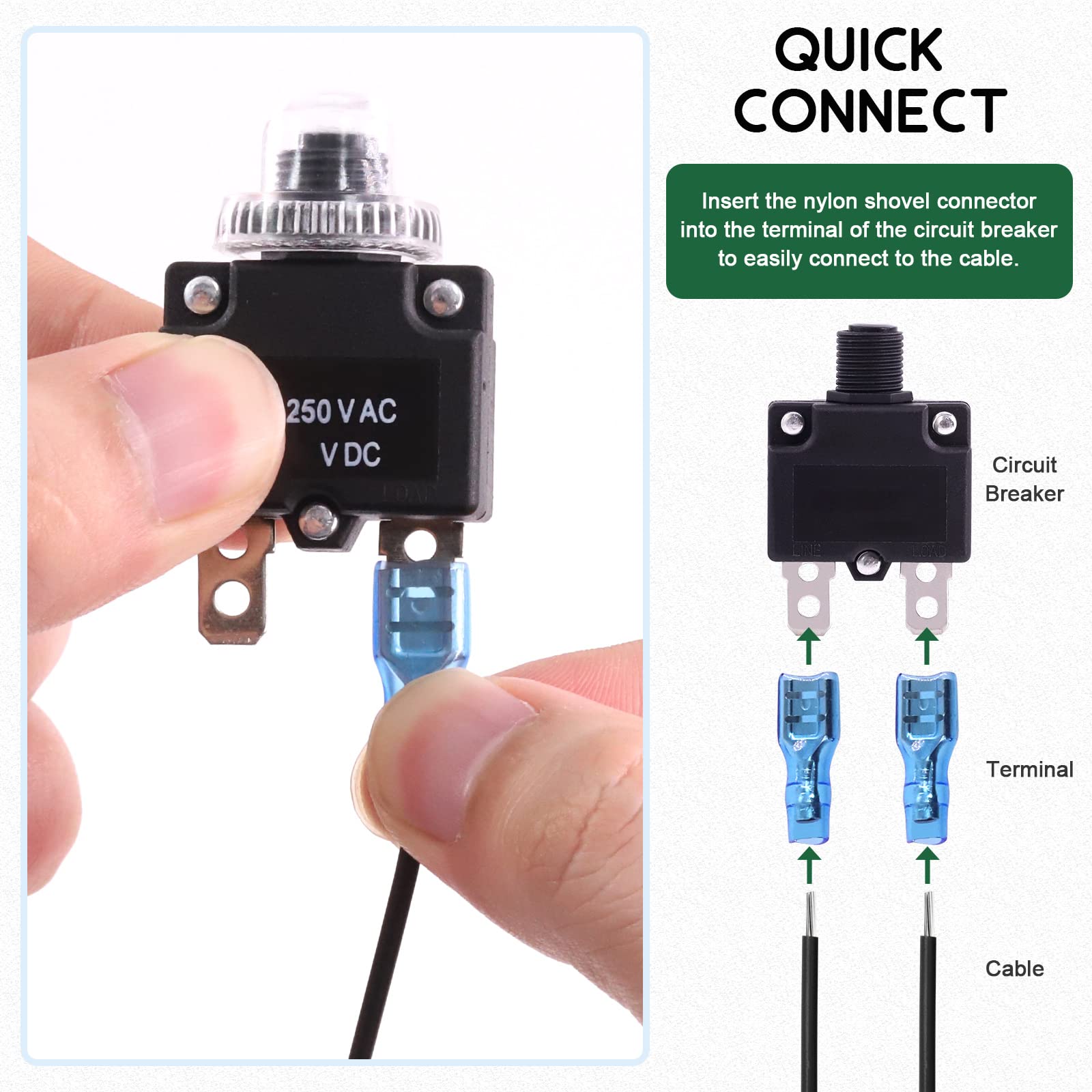 Keadic 20Pcs 20A Push Button Circuit Breaker with Manual Reset Assorted Set AC125-250V 32VDC Thermal Circuit Breaker with 19cm Wire Leads, Female Spade Terminals and Waterproof Button Transparent Cap