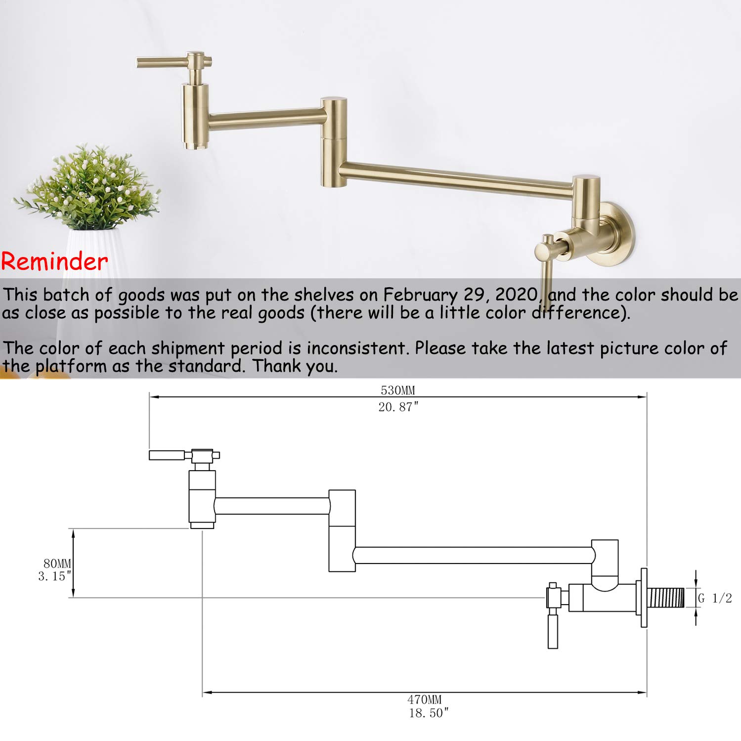 BZOOSIU Brushed Gold Pot Filler Faucet, Solid Brass Double Joint Swing Arms Folding Faucet, Single Hole Two Handles Wall Mount Kitchen Faucet