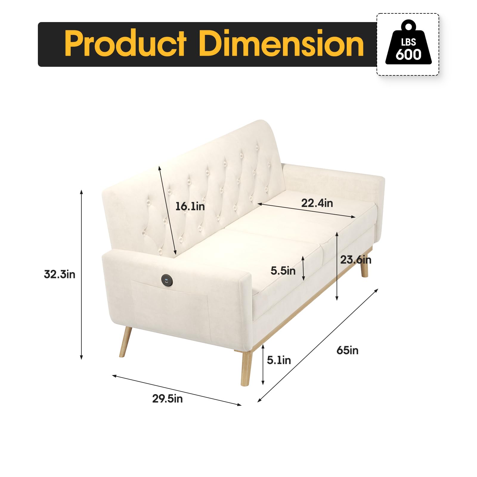 Fameill 65" Loveseat Sofa Couch, Mid Century Modern Love Seat Small Couch with Soft Cushion, LED Light, Crystal Button Tufted, Upholstered Comfy Small Couch for Living Room, Bedroom