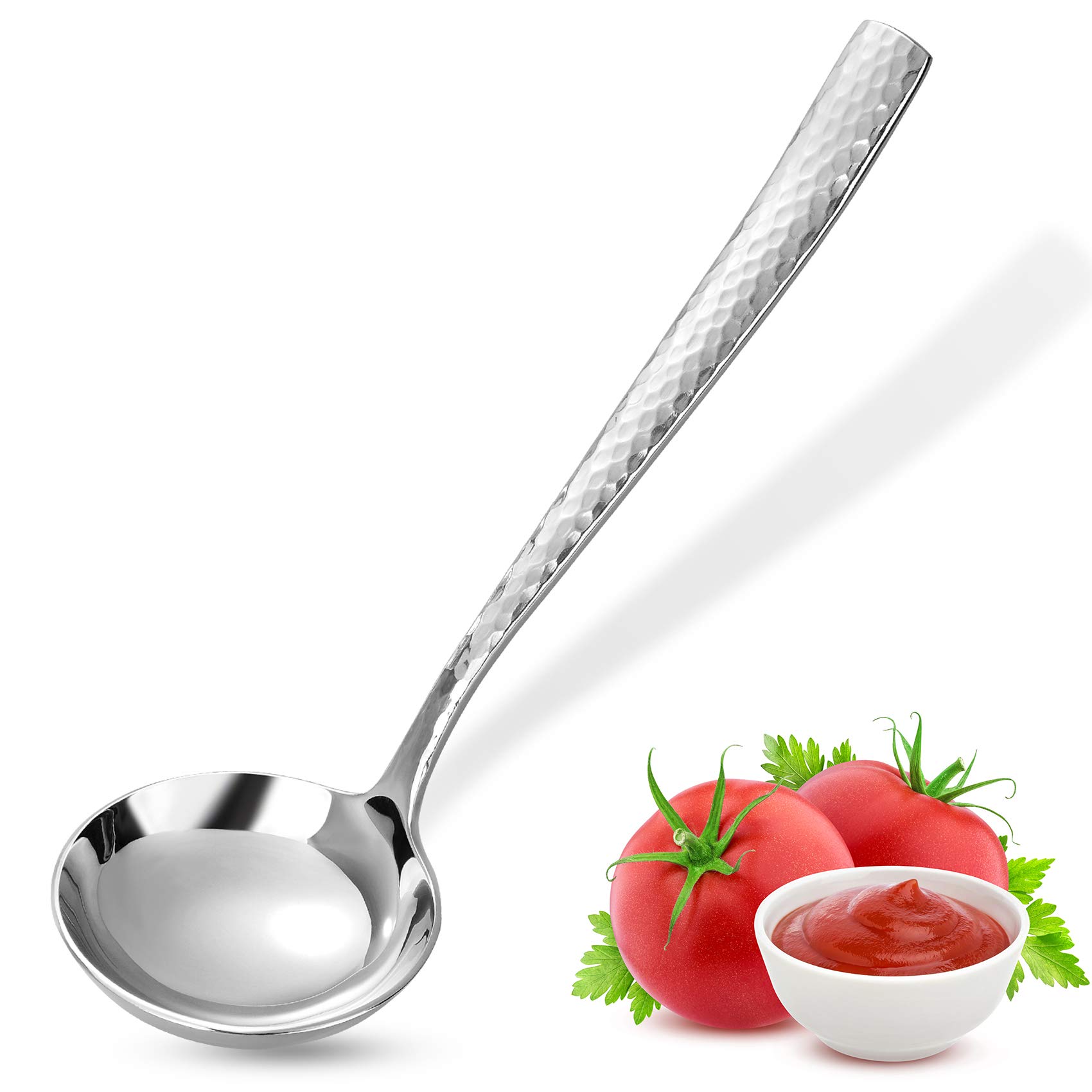 KEAWELL Unique 7.5 inch Small Hammered Sauce ladle, 1 oz. 18/10 Stainless Steel Gravy Soup Ladle. Solid and Sturdy, Dishwasher Safe (2)