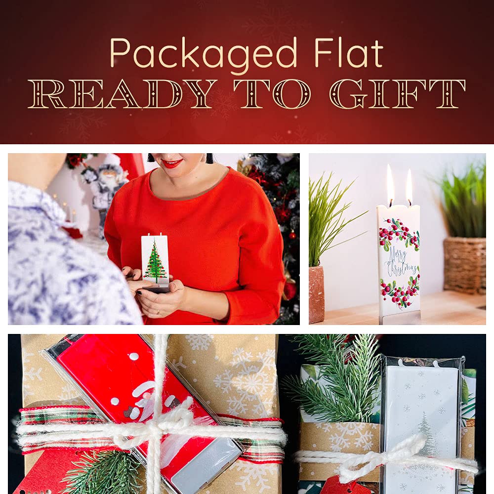 FLATYZ Handmade Christmas Candle - Green & White Tree | Unscented, Drip-Resistant & Smoke-Free 2 Wick Candle for Home & Room Decor | Hand Painted Flat Decorative Candles | Steel Stand Included