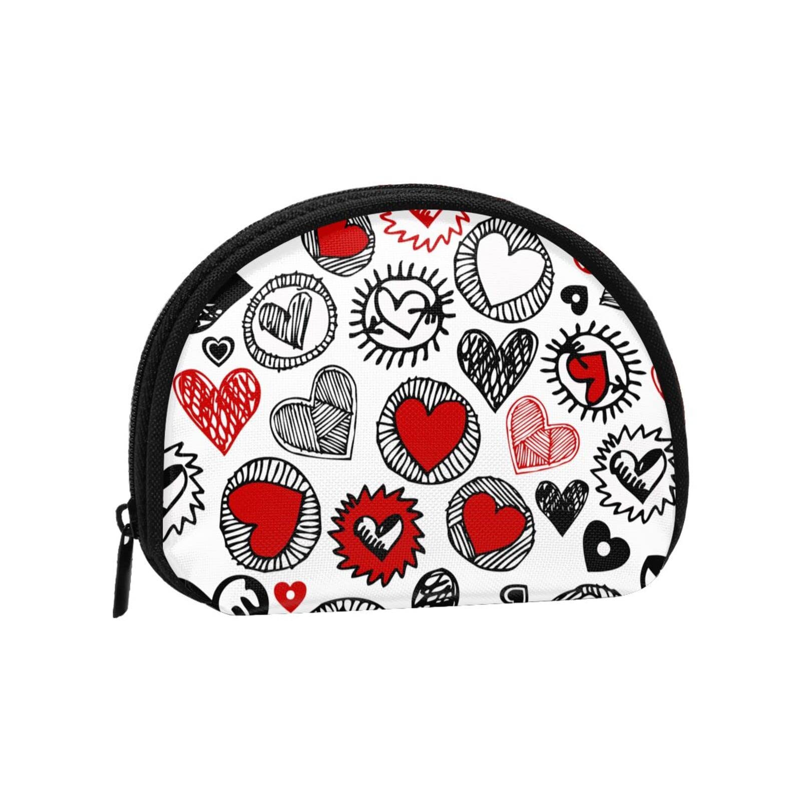 Coin Purse Pouch for Women Girls Zipper Small Change Purse Cute Shell Shape Red Hearts, 3.5x4.7inches