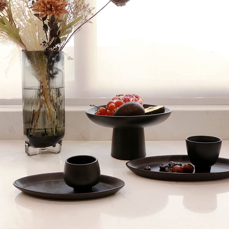 CTG Matte Black Pedestal Bowl, Textured Matte Black,Cylindrical Footed, Natural and Minimalist Style, Perfect for Home Décor,Food Safe, Fruit Bowl for Kitchen/Table Counter Top, 9" D x 5" H