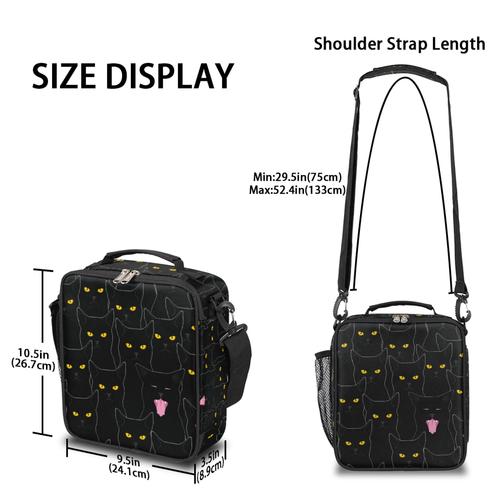 Cute Black Cat Kids Lunch Bag for Boy Girl Kitten Insulated Lunch Box Cooler Lunch Tote Bag Thermal Bag with Adjustable Shoulder Strap for School Work Picnic