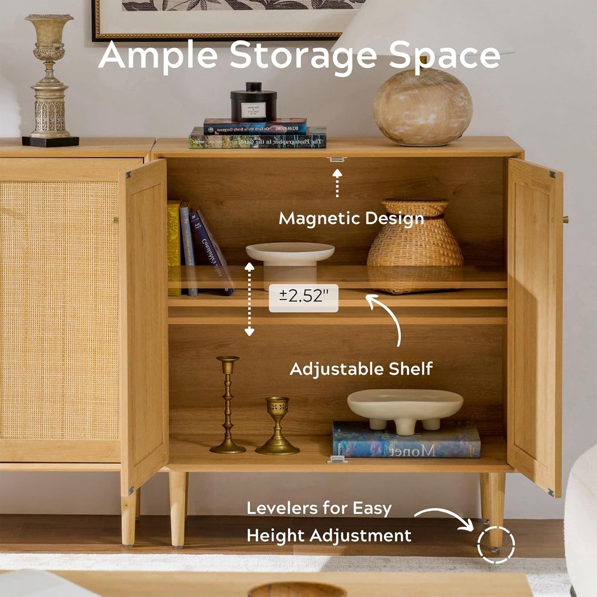 EYYTHUNG Rattan Storage Cabinet Set of 3 Accent Sideboard Cabinet, Boho Buffet Kitchen Bar Cabinet Farmhouse Credenza Cabinet with Adjustable Shelves for Dining Room (Square Doors/Oak)