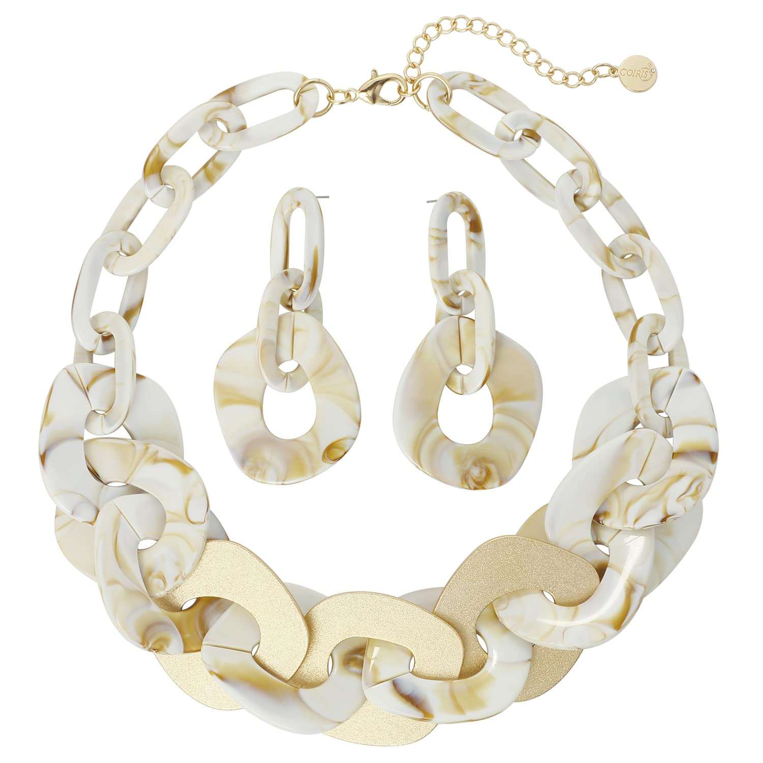 Coiris Statement Chunky Necklace Metal Punk Acrylic Cuban Link Chain Necklaces Bohemian Tortoise Shell Acrylic Resin Chain Link(N0090-Beige)