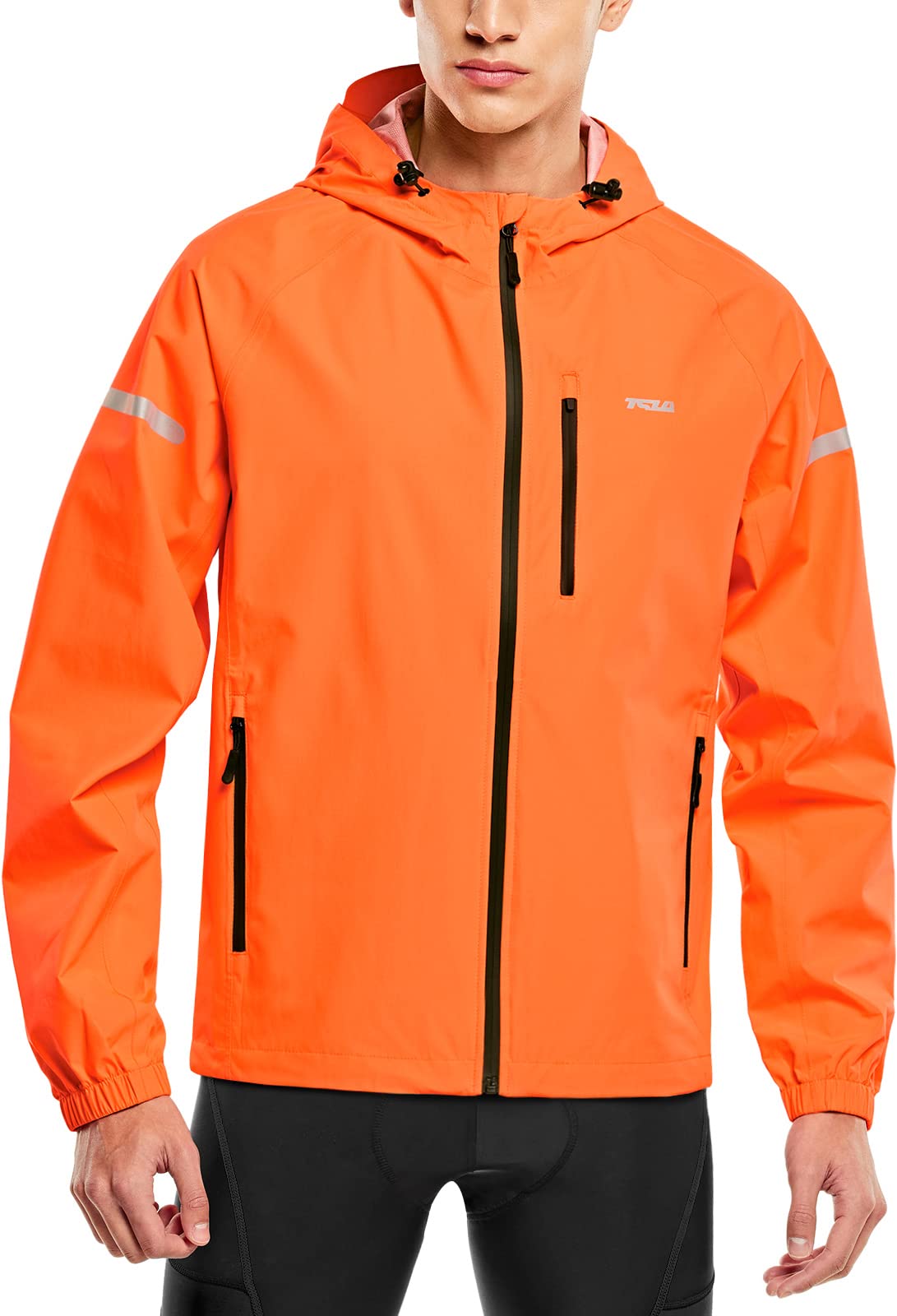 TSLA Men's Cycling Waterproof Jacket, Reflective Hoodie Windbreaker, Packable Bike Rain Jackets with Back Pocket, Cycling Neon Yellow, X-Large