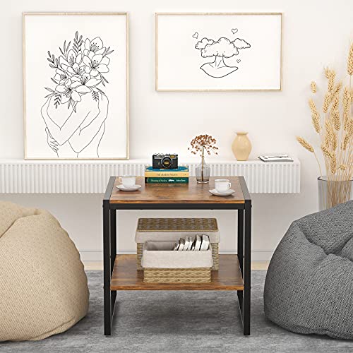 Homieasy End Table, 20 Inch Square Side Table Modern Night Stand with 2-Tier Storage Shelf, Living Room Small Coffee Table, Wood Finish Bedside Table for Bedroom, Rustic Brown