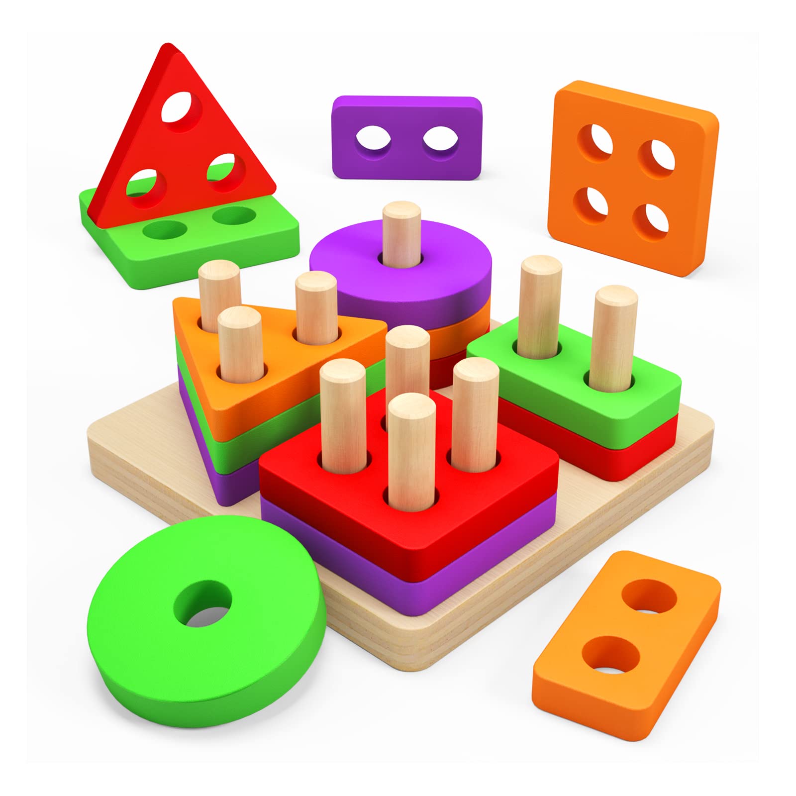 Toddler Toys for 2-4 Year Old Boys Girls, Wooden Montessori Toys Puzzles for Kids Preschool, Shape Color Recognition Sorting and Stacking Geometric Board Blocks for Children, 18 Months Toys Gift