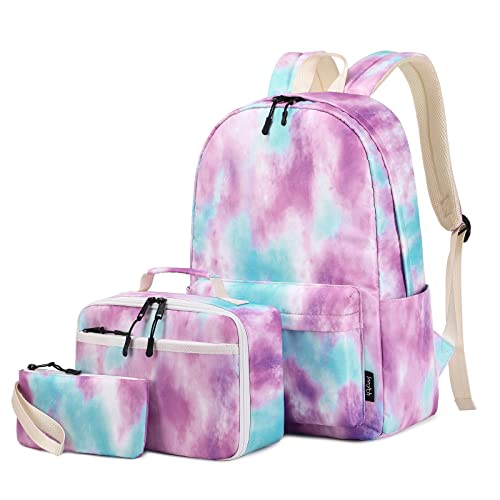 Imyth 3Pcs colorful Backpack sets for Teen Girls, Cute Bookbag School Daypacks for Elementary Middle Students (Tie dye-Purple)