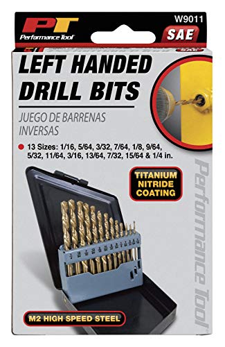 Performance Tool W9011 13pc Left Hand Drill Bit Set, With Titanium Nitride Coating SAE (1/16" - 1/4")