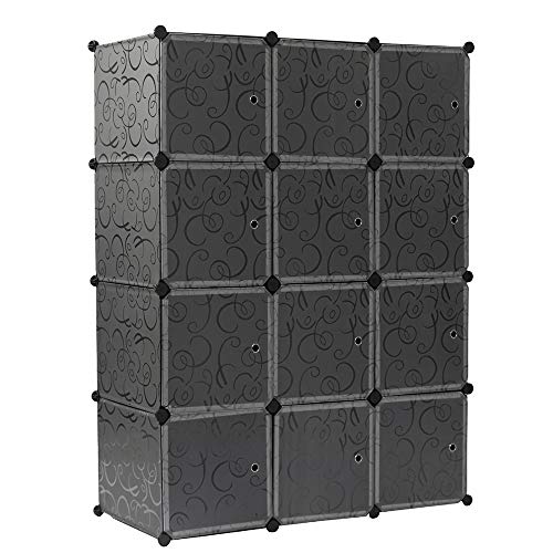 VINGLI Cube Storage, 12 Cube Organizer Shelves, Plastic Closet Cabinet, DIY Modular Storage Cube Organizer with Doors for Bedroom Living Room Office, Black