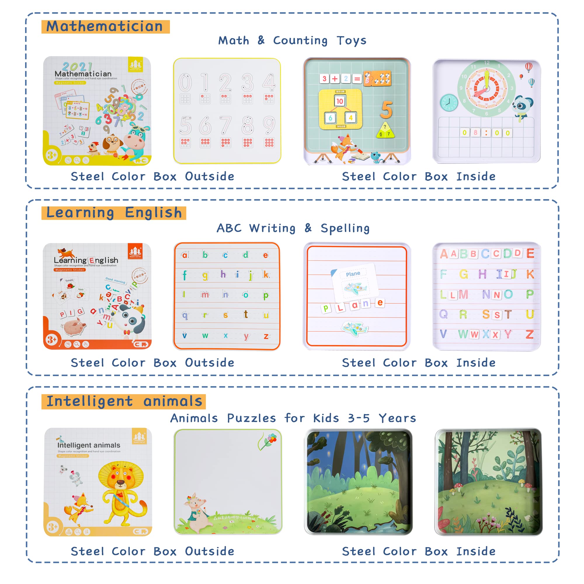 TOGELIN Preschool Learning Activities, Sight Words Flash Cards Kindergarten, Educational PreK Workbook Toys for 2 3 4 5 6 Years Old, Learning Toys with Magnetic Letter&Number Puzzles-3 Pack