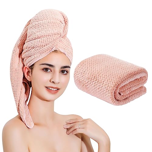 Laojbaba Microfiber Hair Towel Quick Dry Hair Towel Hair Drying Towels Suitable for All Kinds of Hair Ultra Absorbent Long and Thick Hair 24X48inch Lotus Root Pink (1pcs)