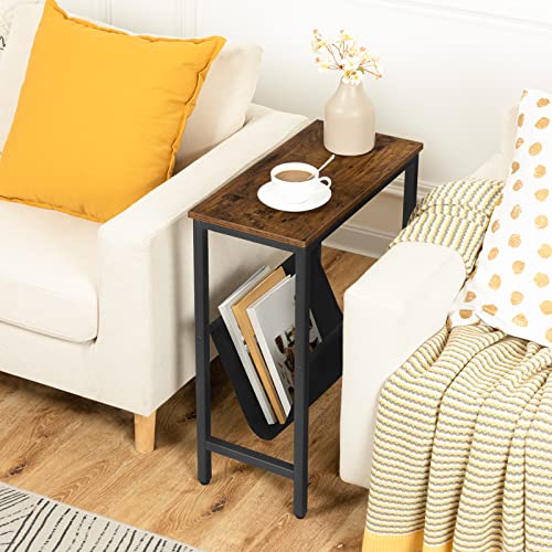 HOOBRO Narrow End Table, Side Table for Small Spaces, Slim Nightstand with Magazine Holder, Modern Skinny Sofa Table, 24.6 in Width Bedside Table, Snack Couch Table, Rustic Brown and Black BF41BZ01G1