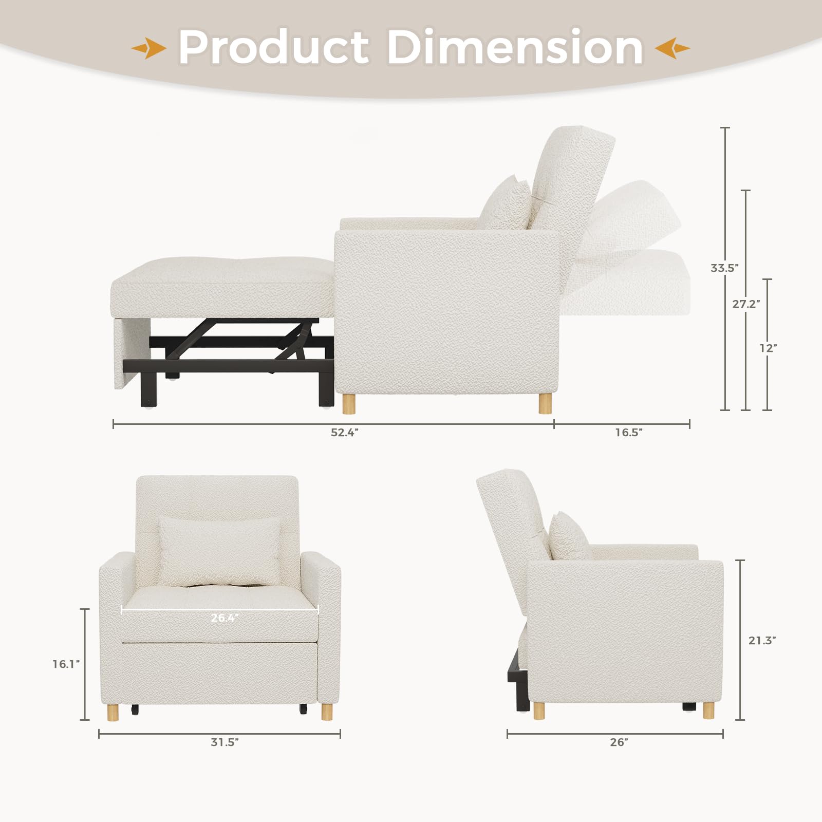Esright Sleeper Chair, 3-in-1 Convertible Chair Bed with Adjustable Backrest, Side Pocket and Pillow, Pull Out Sofa Bed Couch for Small Space, Apartment, RV (Teddy Wihte)
