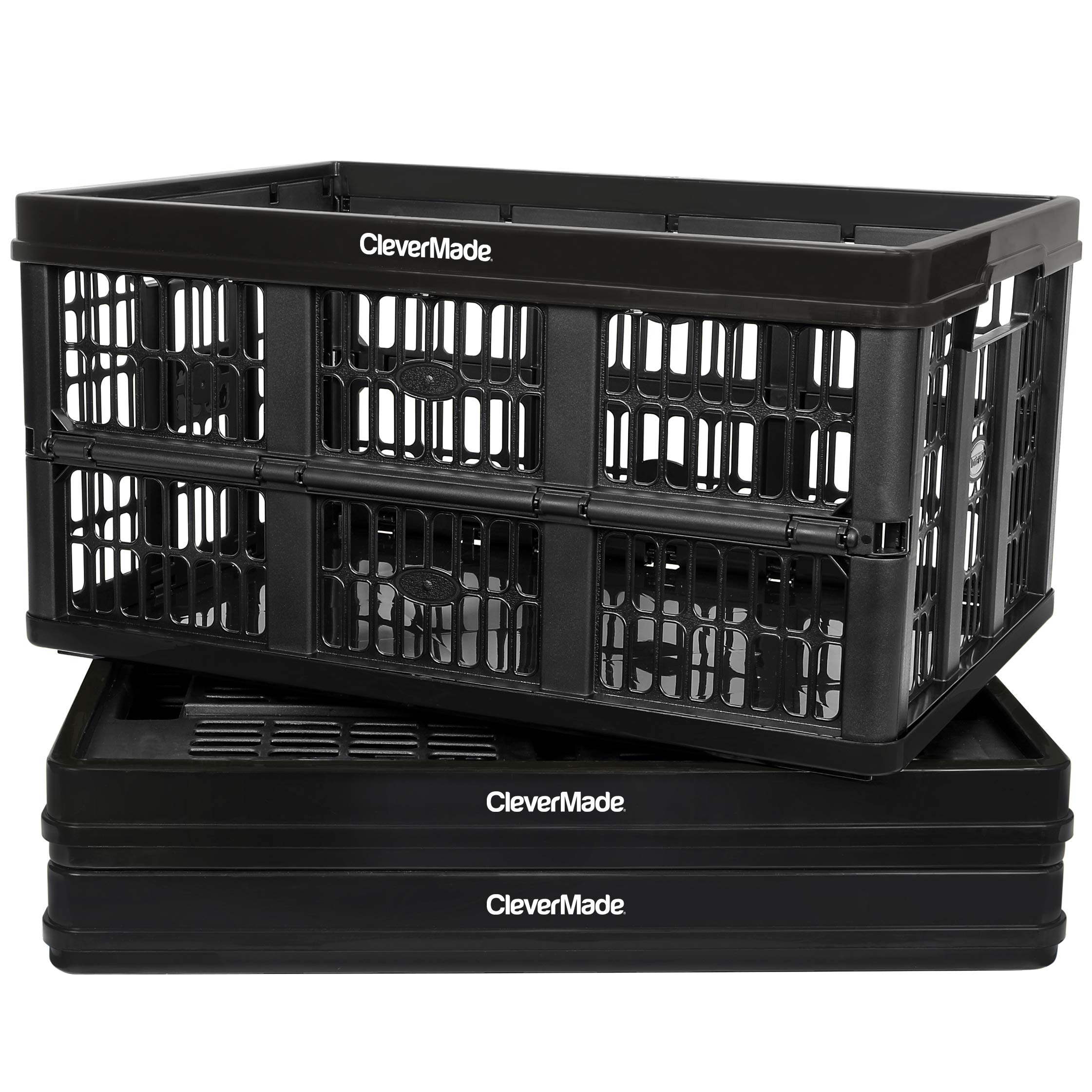 CleverMade Collapsible 45L and 62L Plastic Storage Bins (3 Pack Black) - Utility Containers for Organizing, Toy Storage, Garage Storage